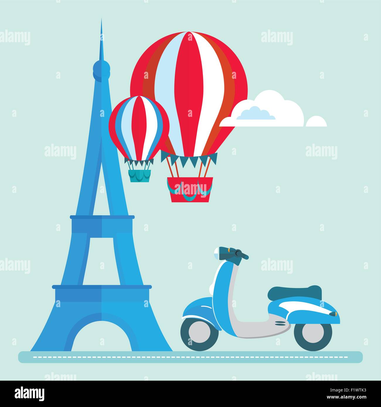Eiffel Tower Paris scooter Air Balloon Clouds vector/illustration Stock ...