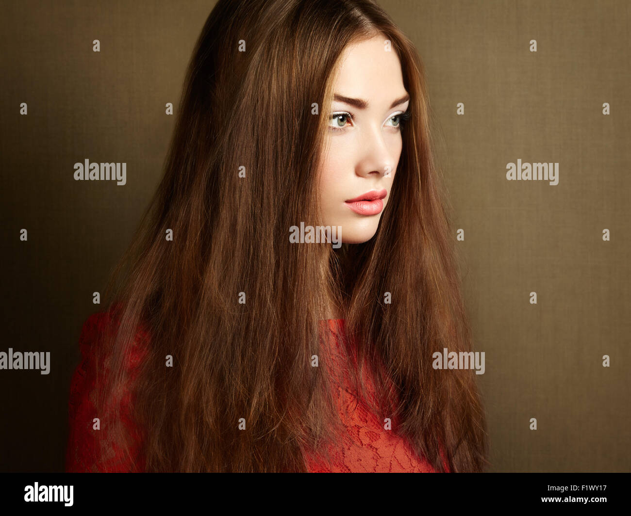 Portrait Of Beautiful Dark Haired Woman Close Up Beauty Photo Stock