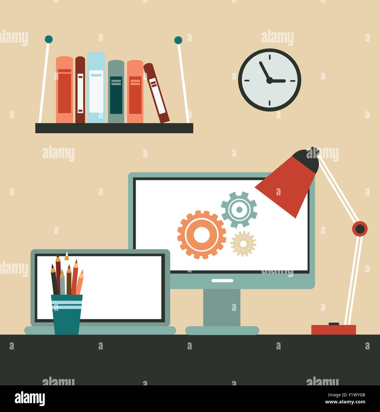 office desk with computer and laptop illustration Stock Vector Image ...