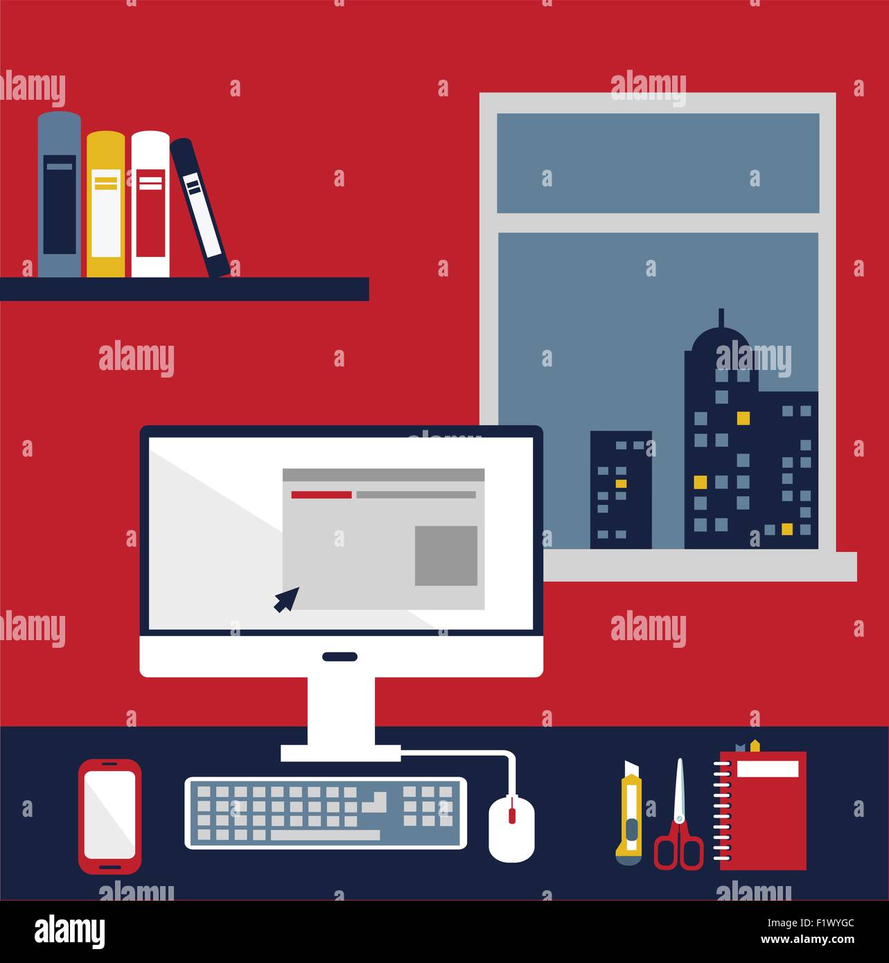 office desk with computer in the evening illustration Stock Vector ...