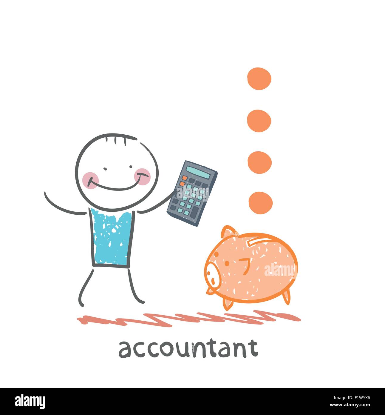 accountant with a calculator counting money falling into a pig-coin box ...