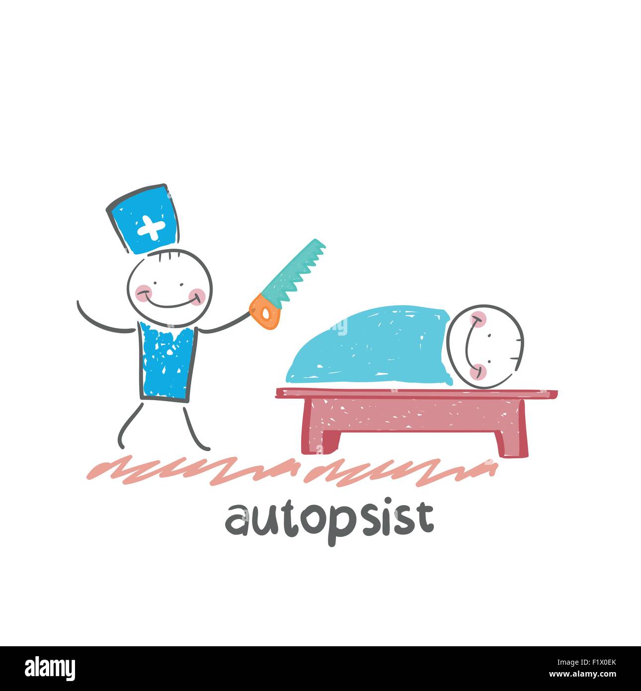 autopsist with a saw at work. Fun cartoon style illustration. The ...