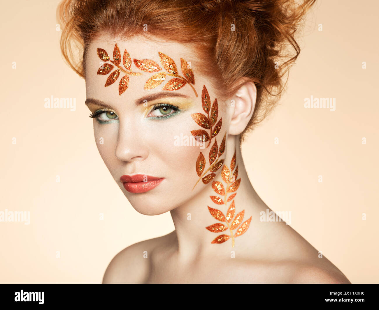 Autumn woman portrait with elegant hairstyle. Perfect makeup. Fashion ...