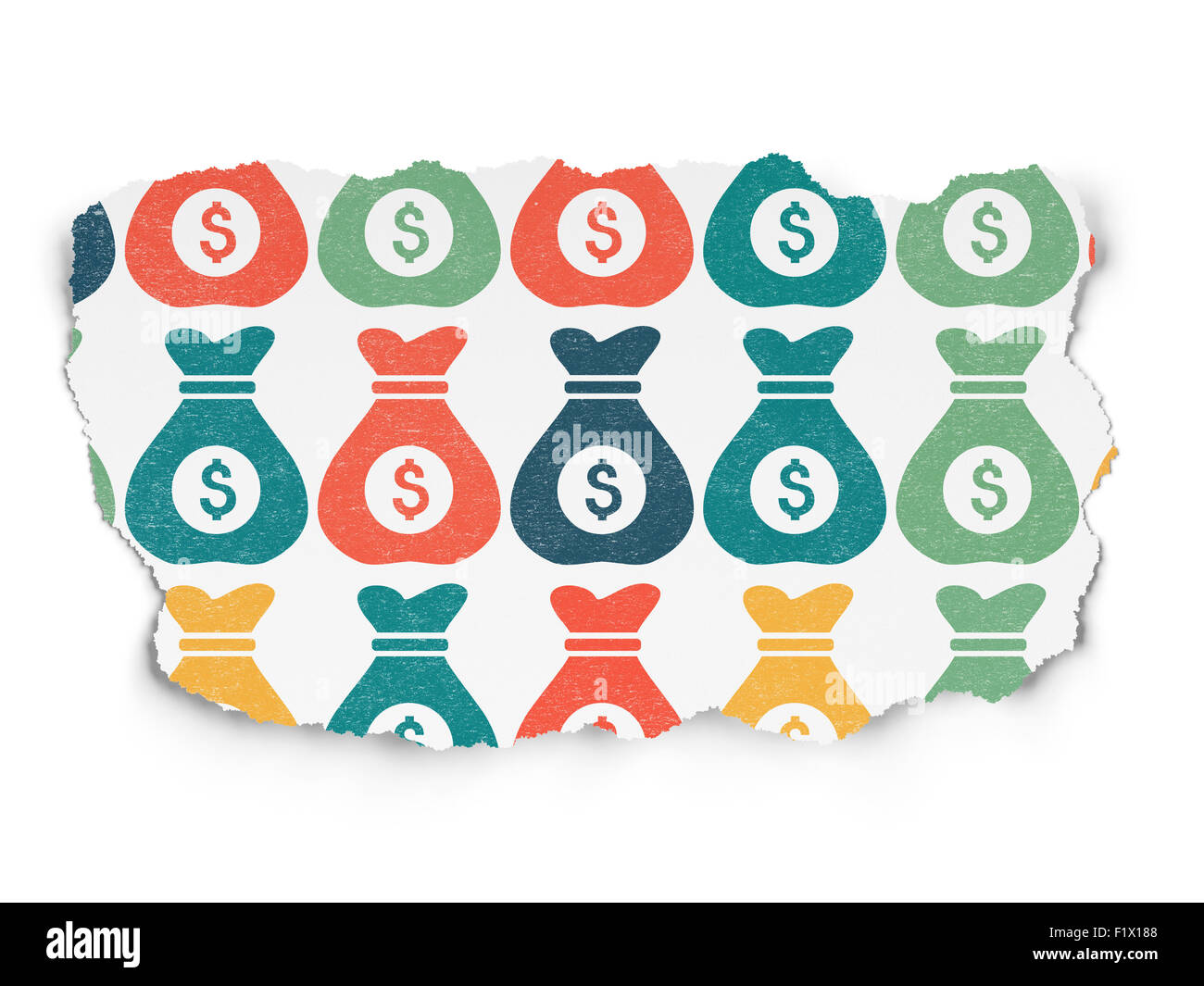 Finance concept: Money Bag icons on Torn Paper background Stock Photo ...
