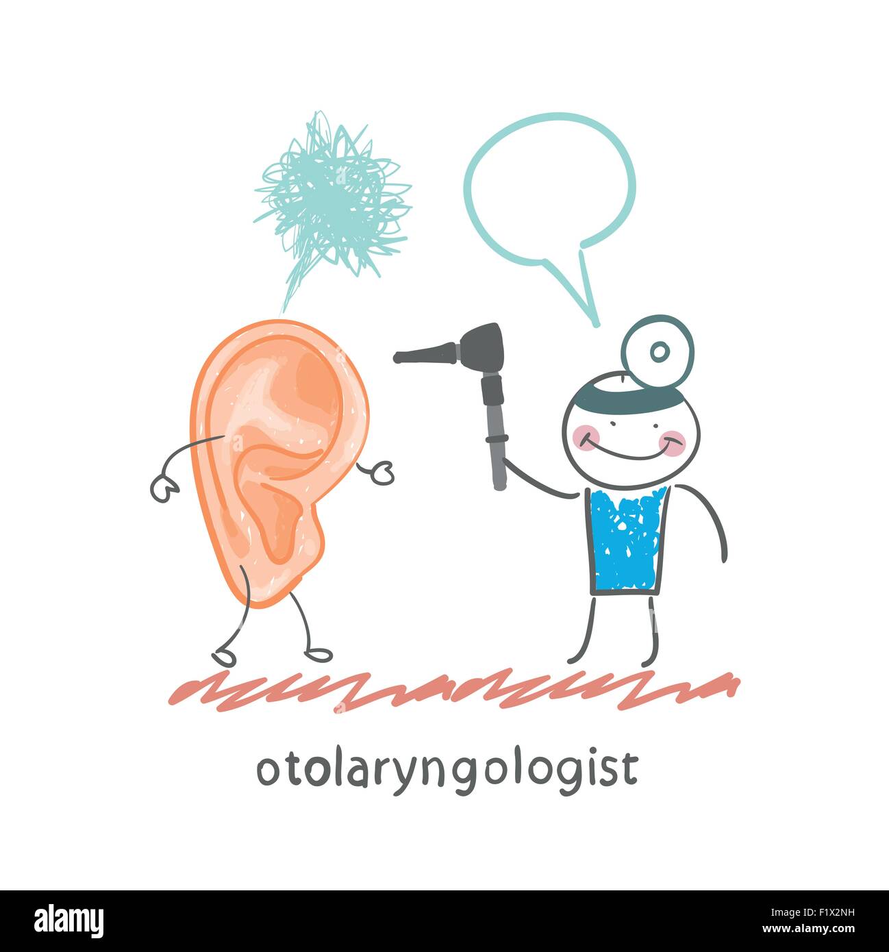 otolaryngologist treats sore ear. Fun cartoon style illustration. The ...
