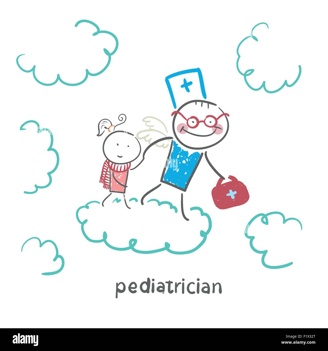 pediatrician with baby runs on clouds. Fun cartoon style illustration ...