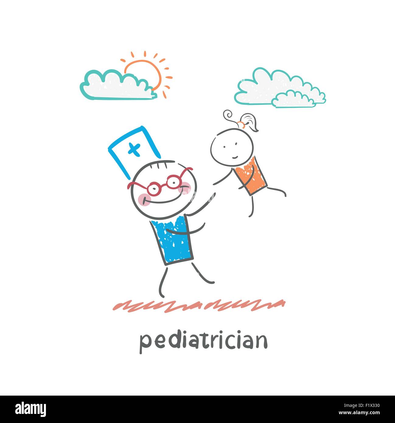 pediatrician playing with child. Fun cartoon style illustration. The ...