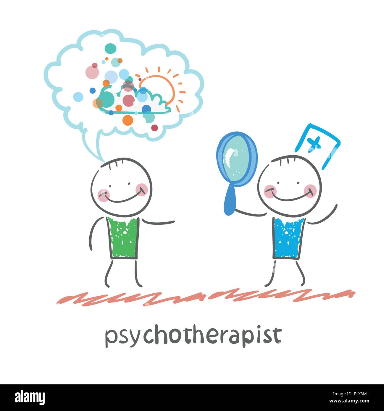 psychotherapist looking through a magnifying glass on a patient who ...