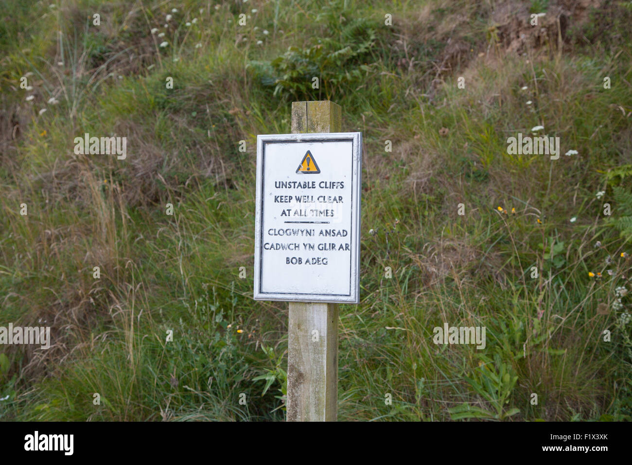 An eroding sandy cliff with cast iron Welsh warning signs "danger ...