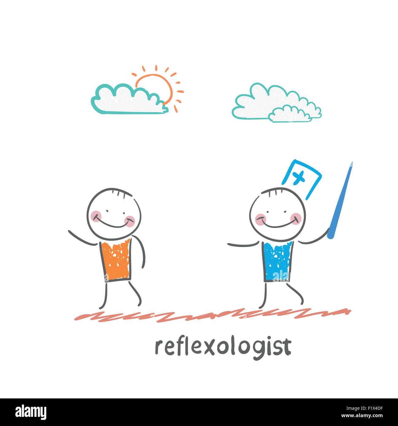 reflexologist with a needle catches patient. Fun cartoon style ...