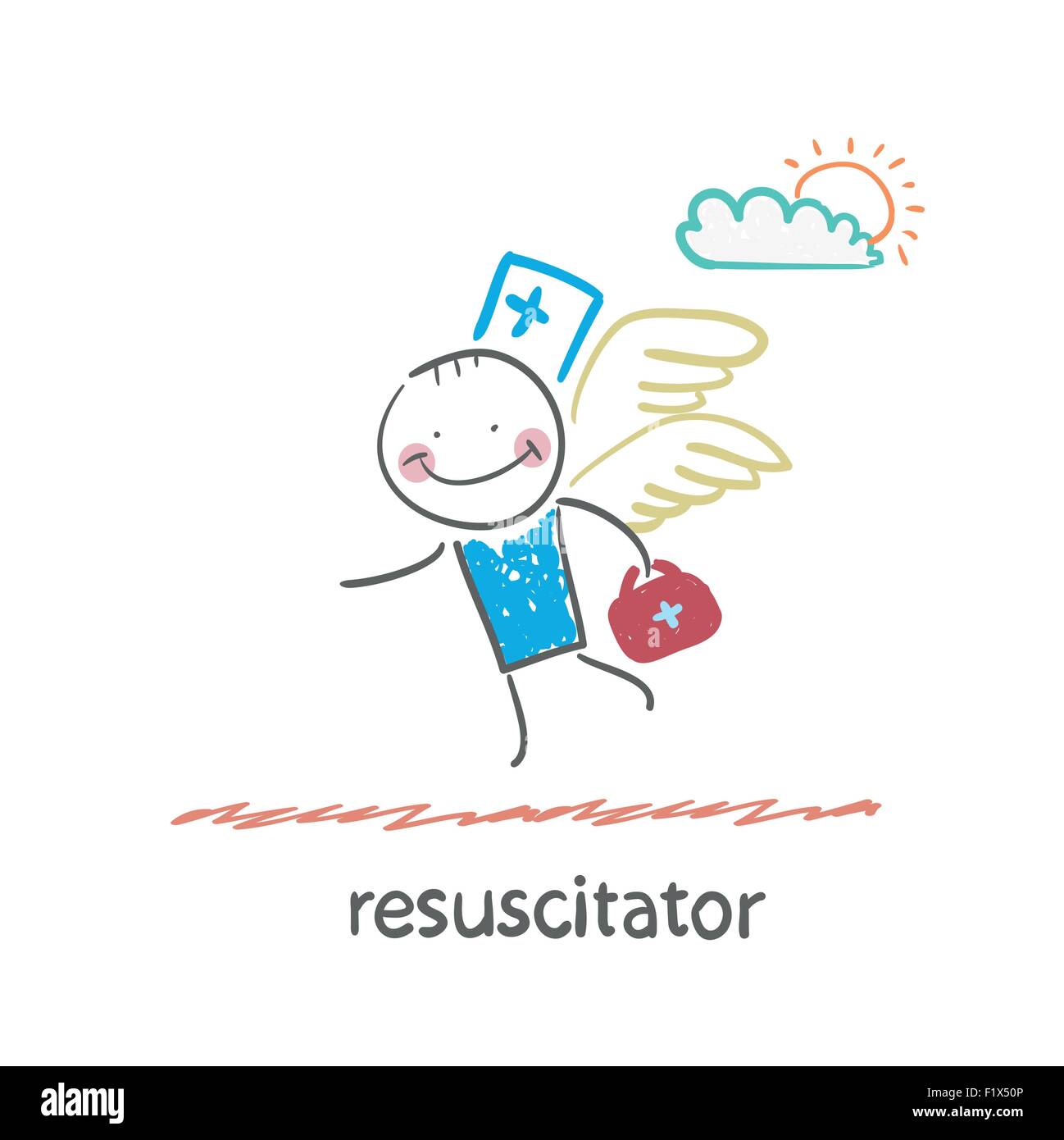 resuscitator flies to the patient. Fun cartoon style illustration. The ...