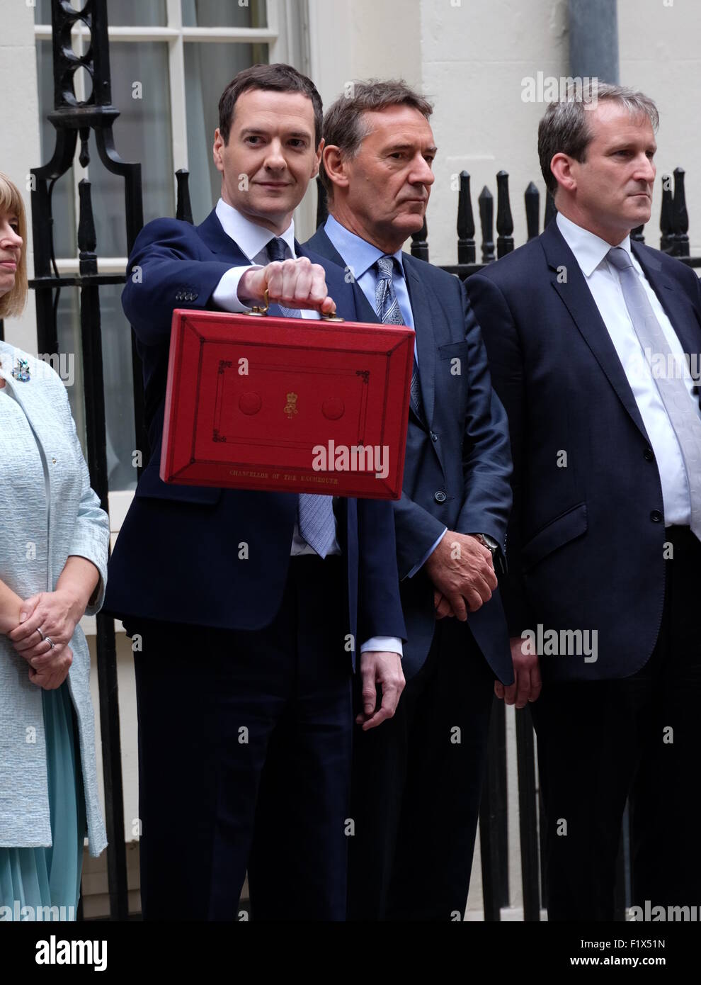 Chancellor George Osbourne, with the red dispatch box outside number 11 ...