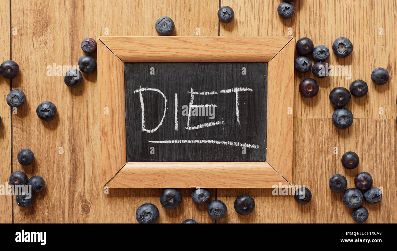 Diet written on a chalkboard next to fresh fruit Stock Photo - Alamy