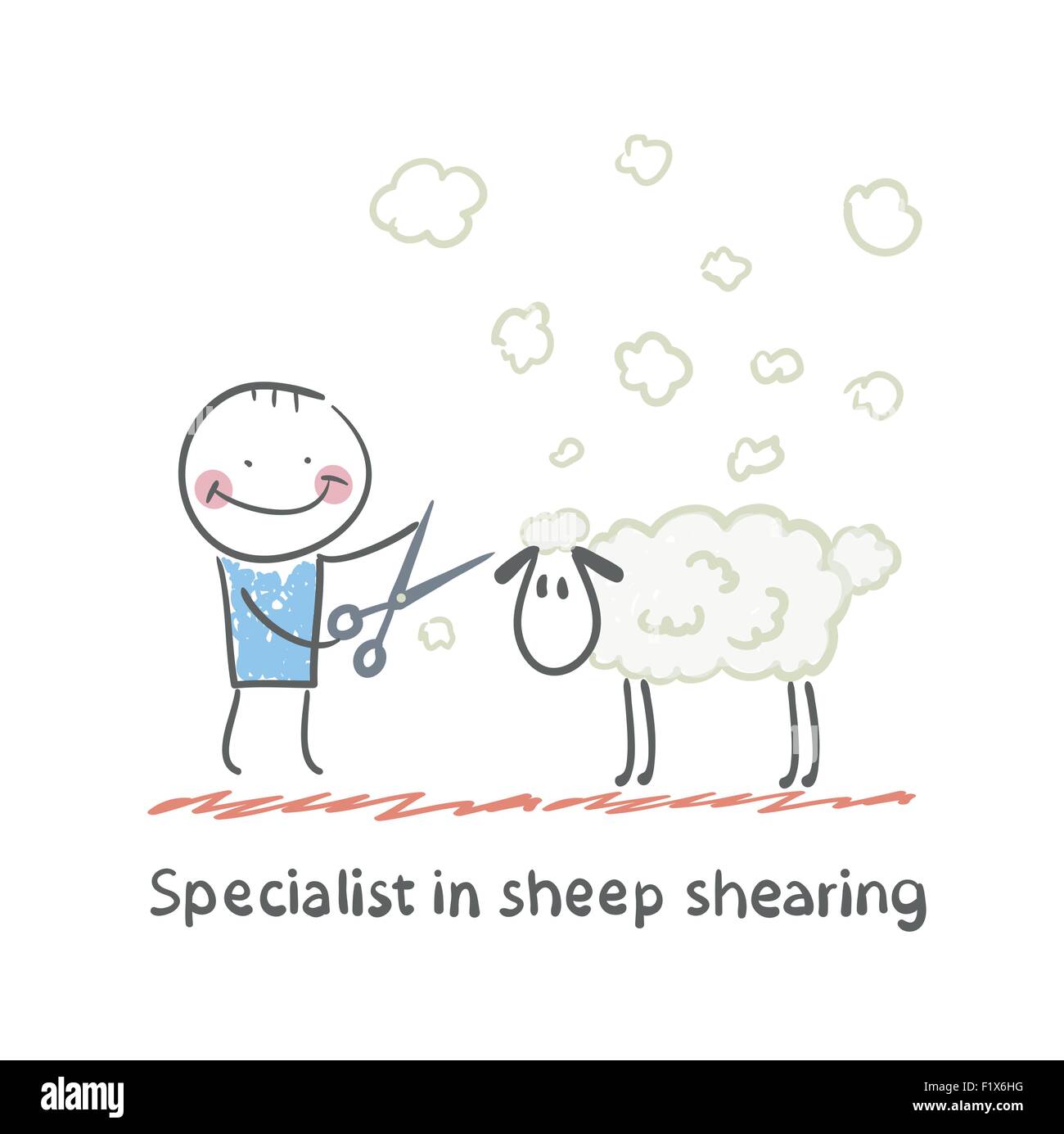 Specialist sheep shearing. Fun cartoon style illustration. The ...