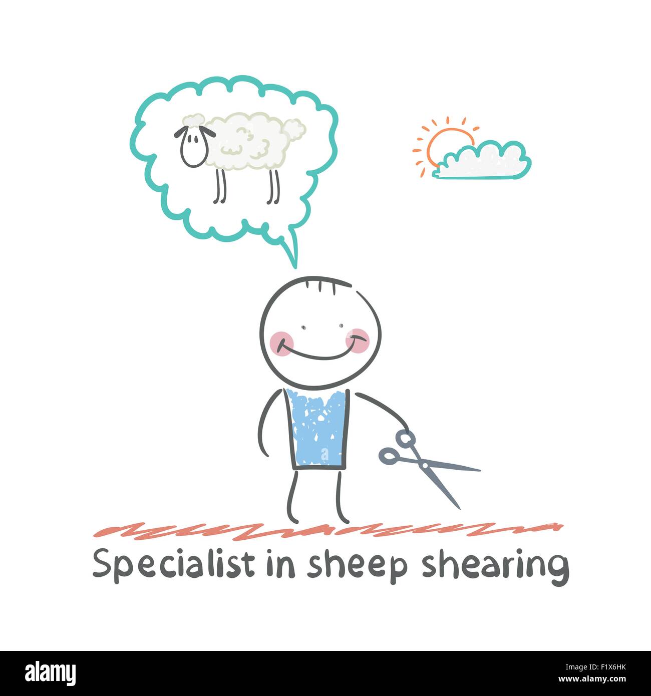 Specialist sheep shearing. Fun cartoon style illustration. The ...