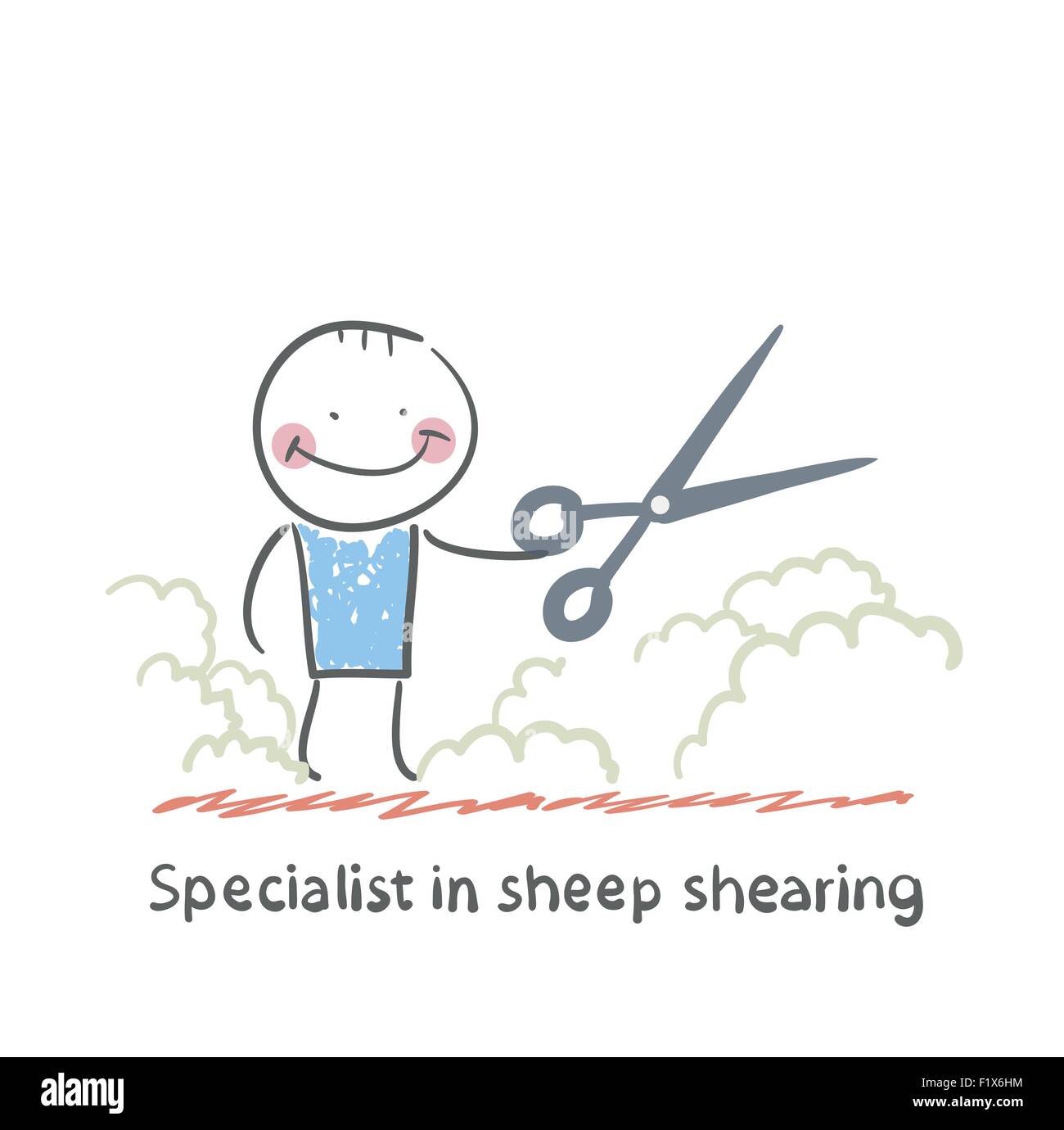 Specialist sheep shearing. Fun cartoon style illustration. The ...