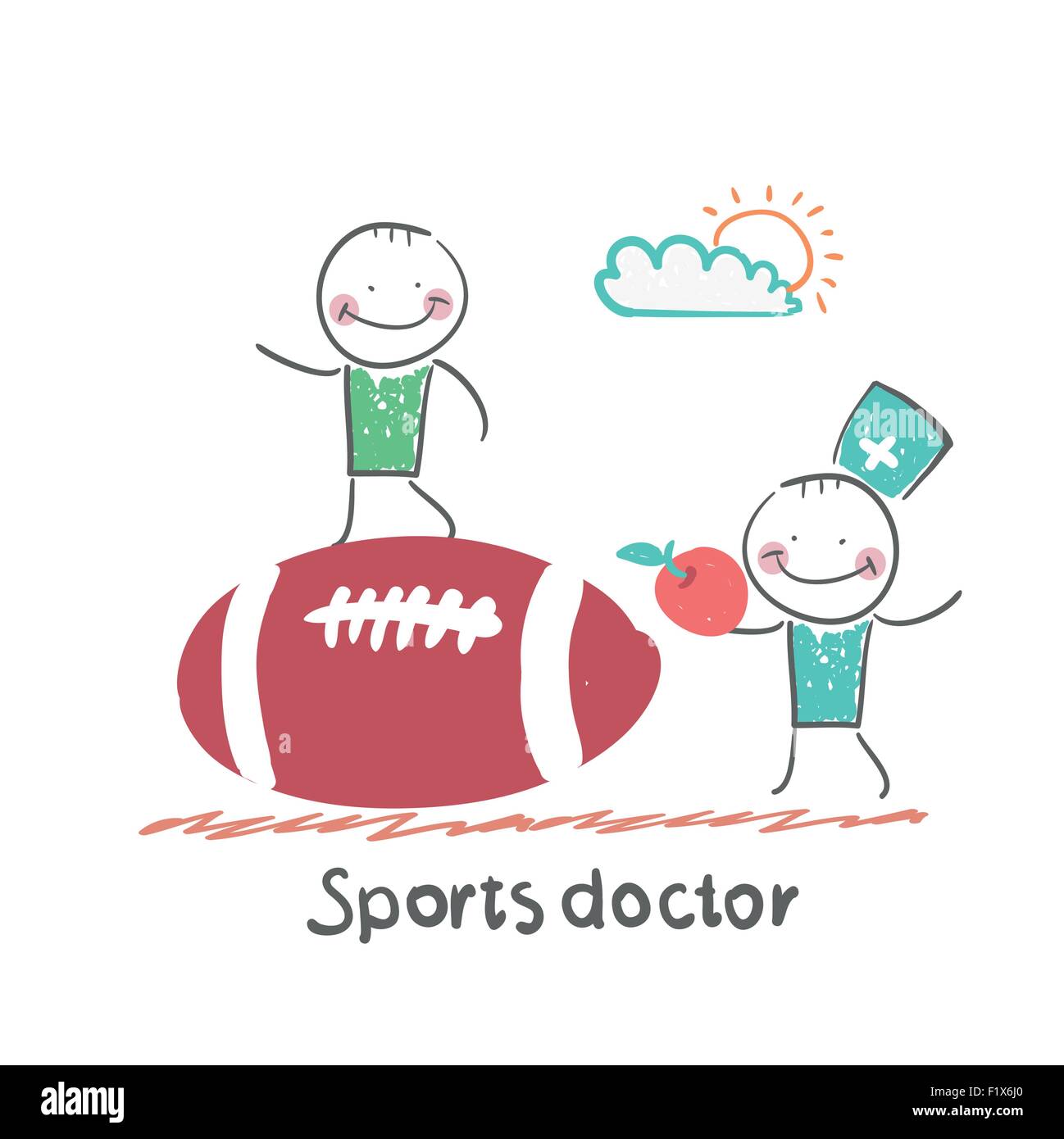 Sports doctor giving an apple to the person who sits on a huge soccer ...