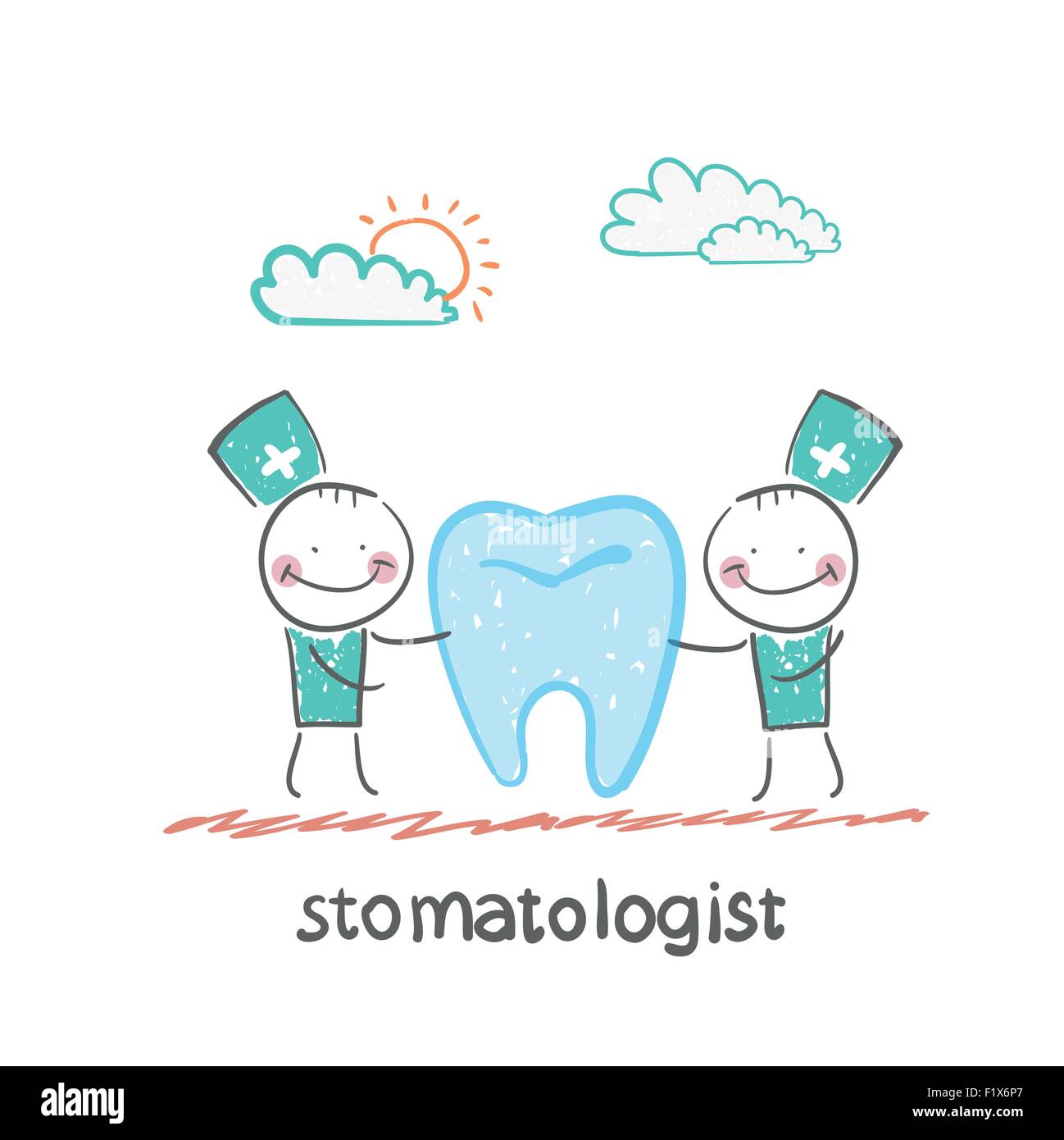 stomatologist examining patient tooth. Fun cartoon style illustration ...