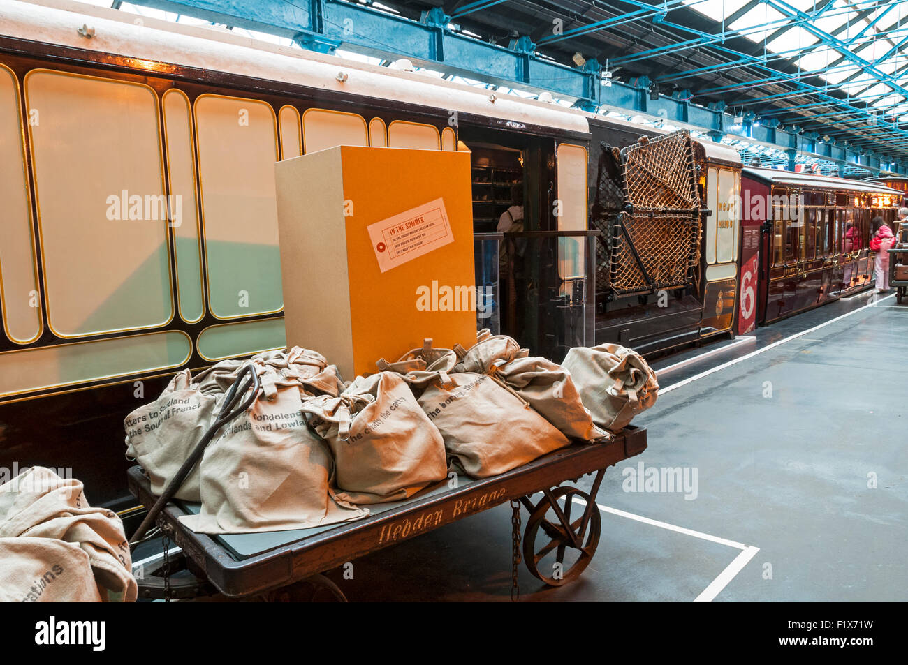 Parcel and post bag display at an 1885 postal sorting van, at the ...