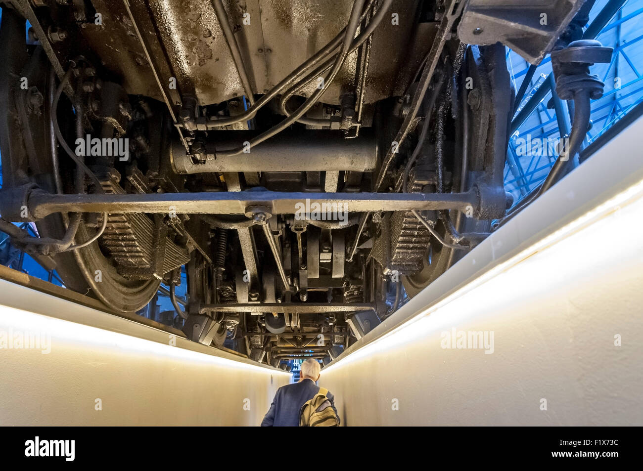Underneath a steam locomotive from a workshop pit, at the National ...