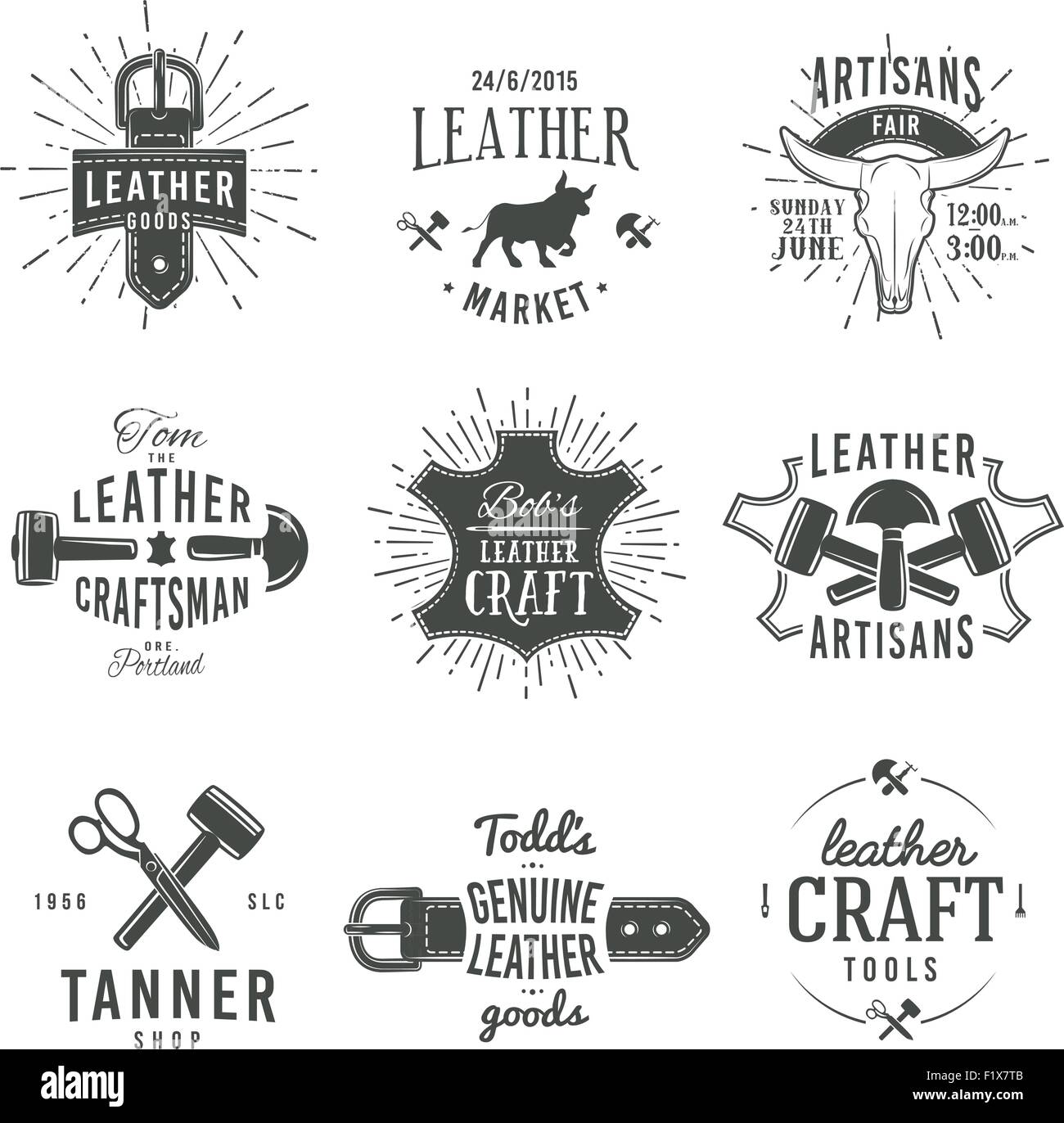 Second set of grey vector vintage craftsman logo designs, retro genuine leather tool labels ...