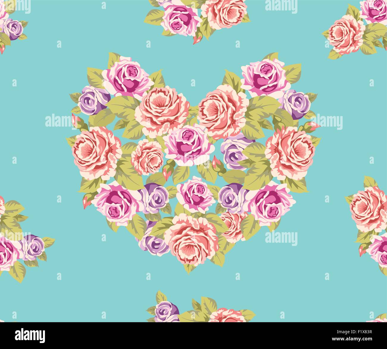 Seamless background with heart made of roses on a turquoise background ...