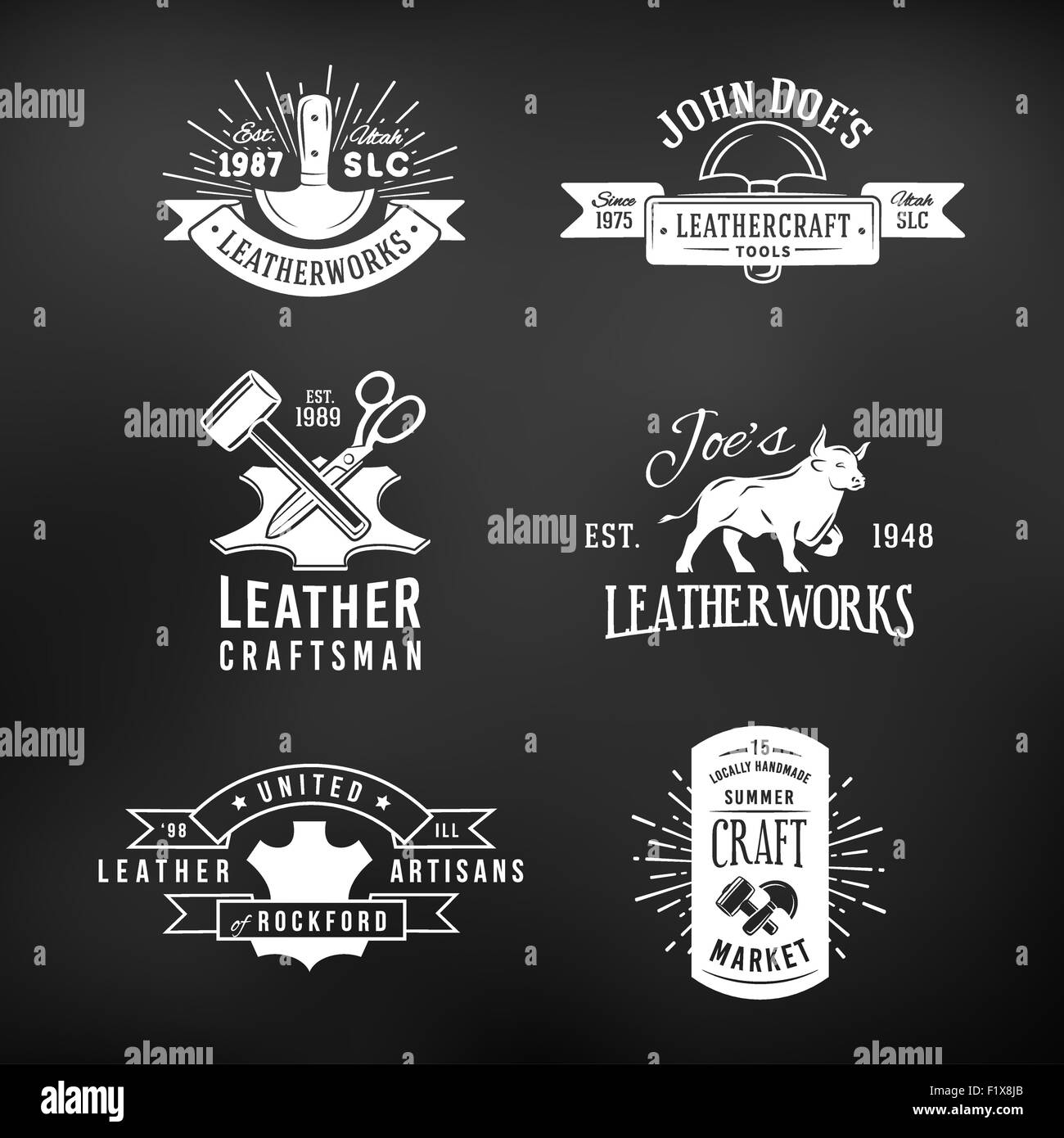 Set of vintage craft logo designs, retro genuine leather tool labels ...