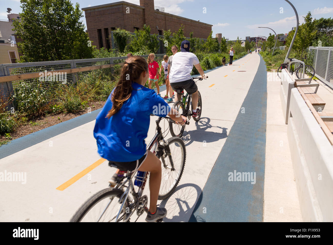 Bicyclists along the 606 elevated bike trail, green space and park ...