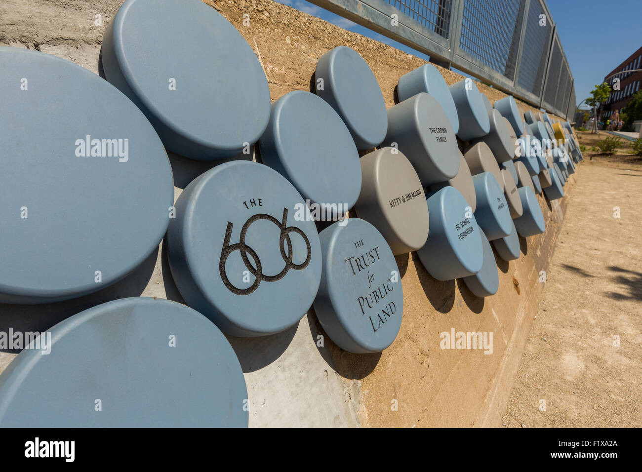 Plaques thanking corporate sponsors decorate the 606 elevated bike ...