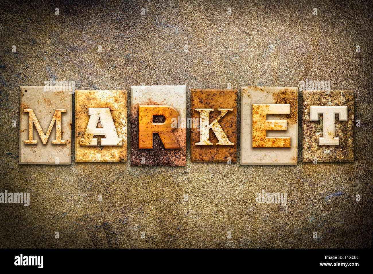 The word "MARKET" written in rusty metal letterpress type on an old ...