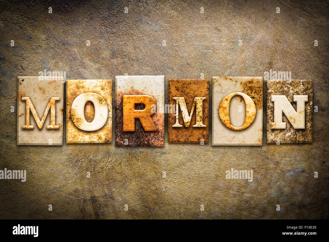 The word "MORMON" written in rusty metal letterpress type on an old ...