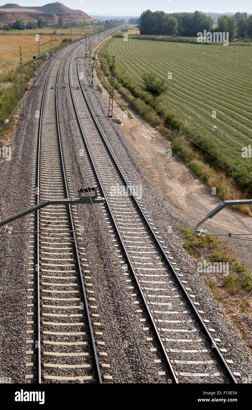 Rail road across spanish country side vertical Stock Photo - Alamy