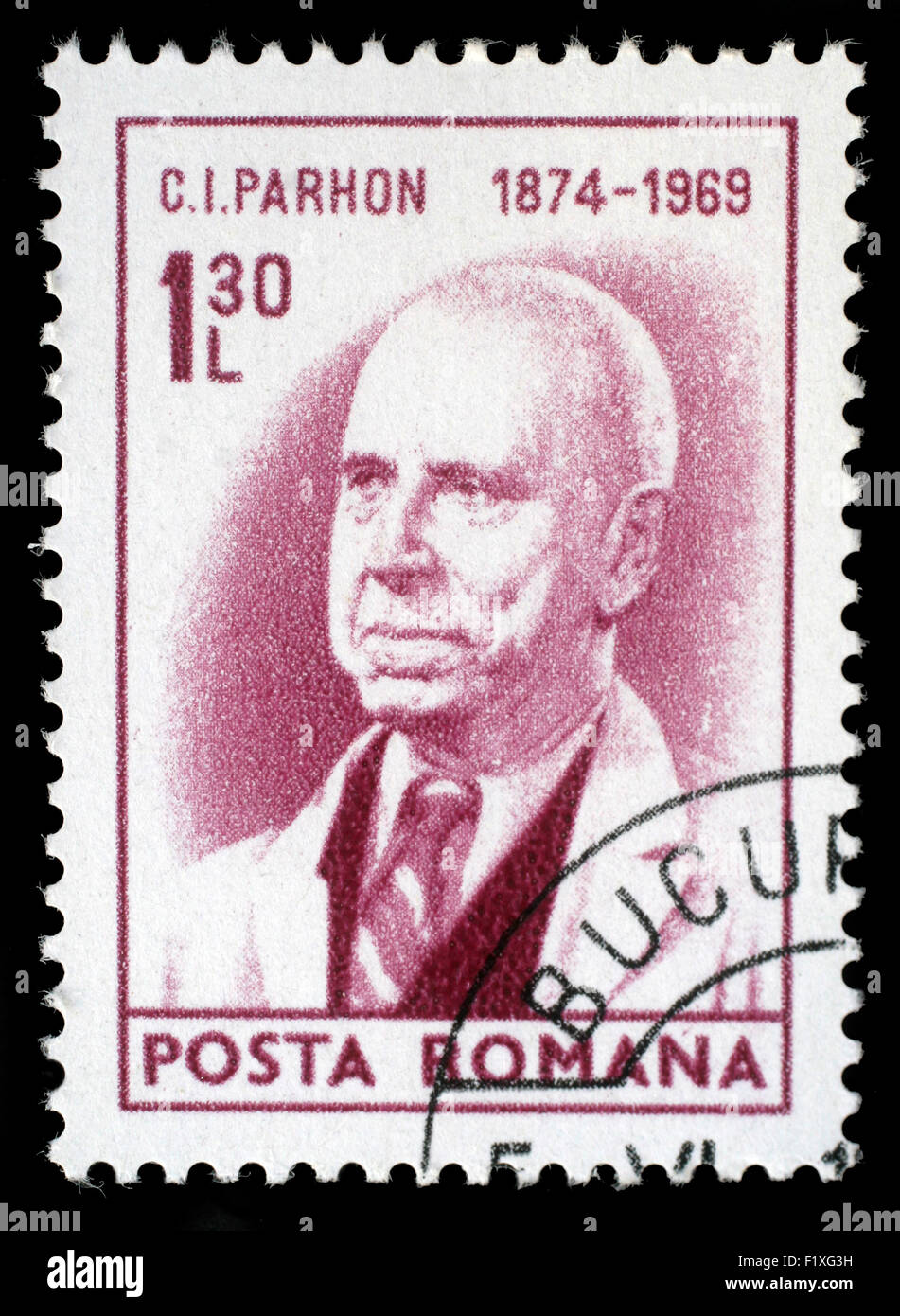 Stamp printed in Romania shows portrait of Constantin Ion Parhon, circa ...