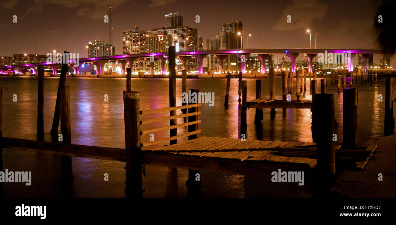 Pier over the Atlantic ocean at night, Miami, Miami-Dade County ...