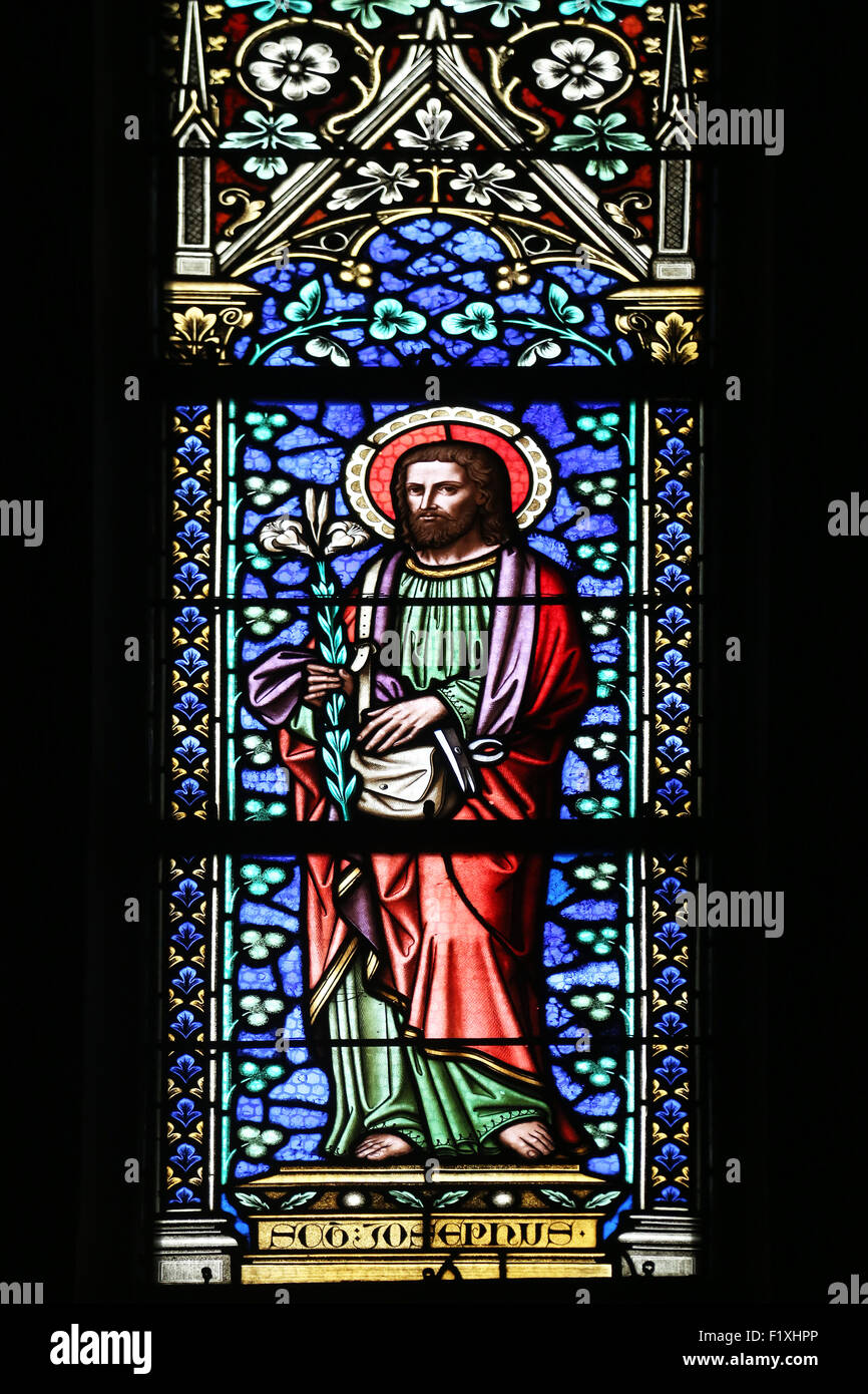 Saint Joseph, stained glass window in parish church of Saint Mark in ...