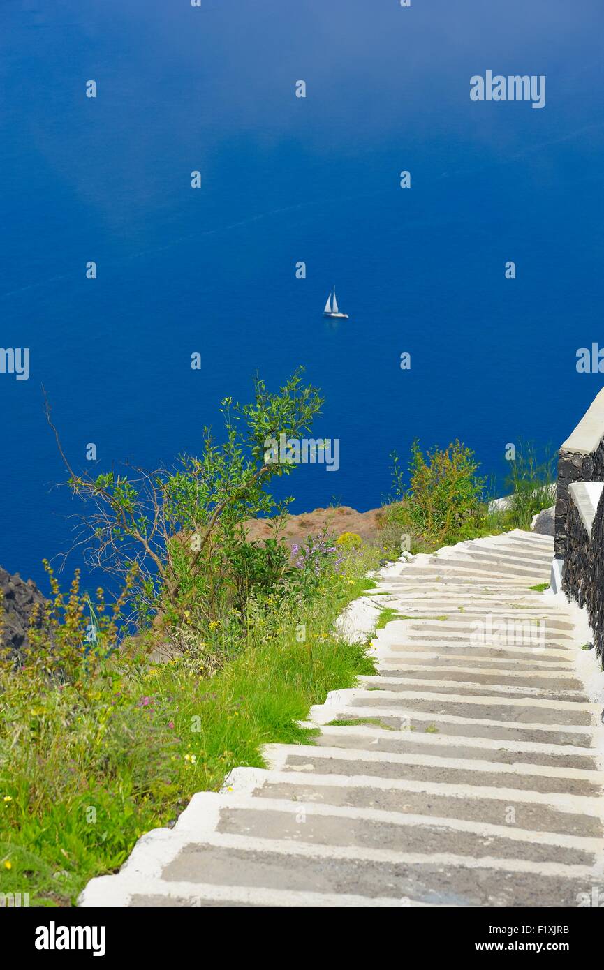 A view down a steep coastal path Imerovigli Santorini Greece Stock ...