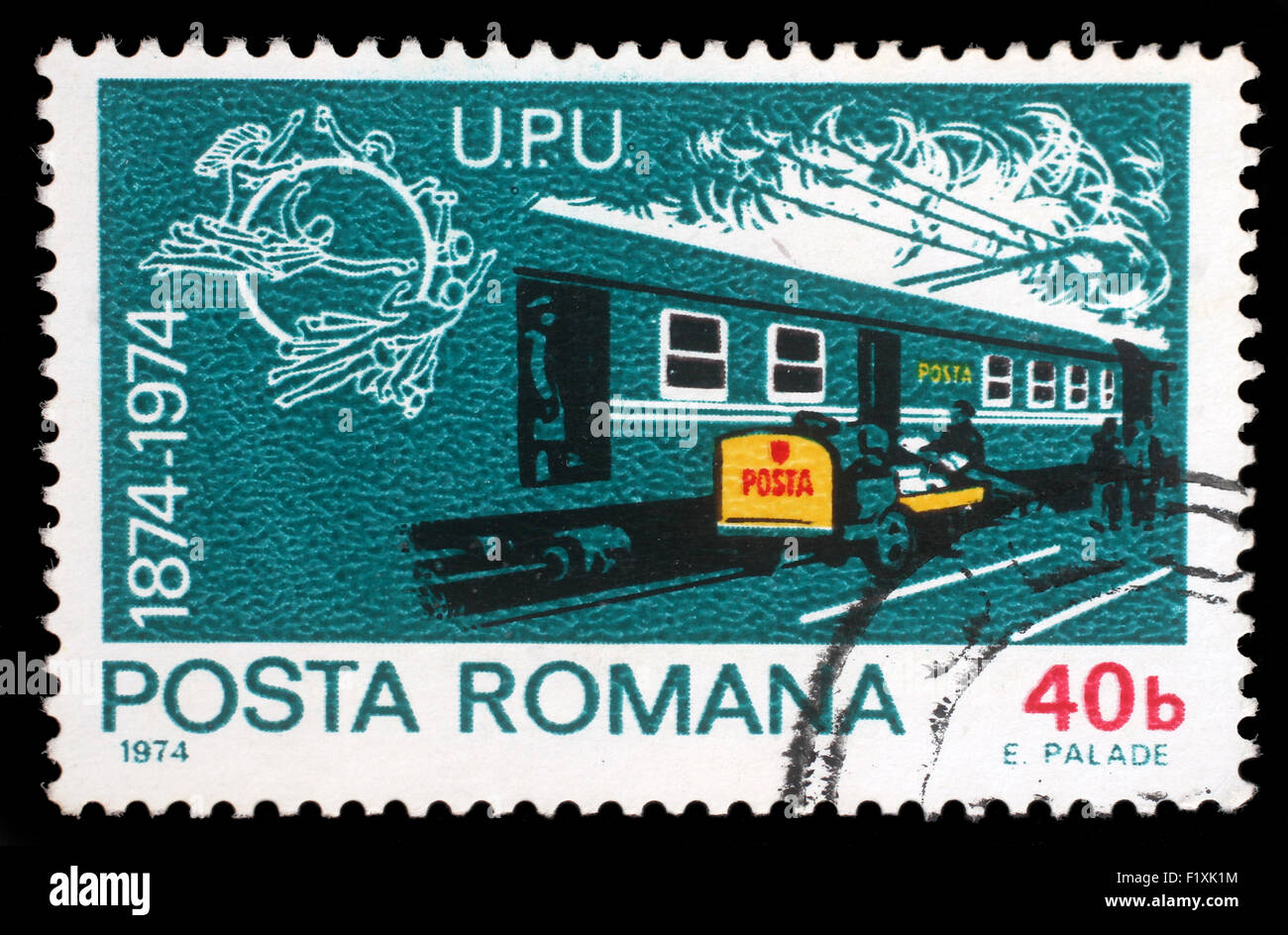 Stamp printed by Romania, shows post train, circa 1974 Stock Photo - Alamy