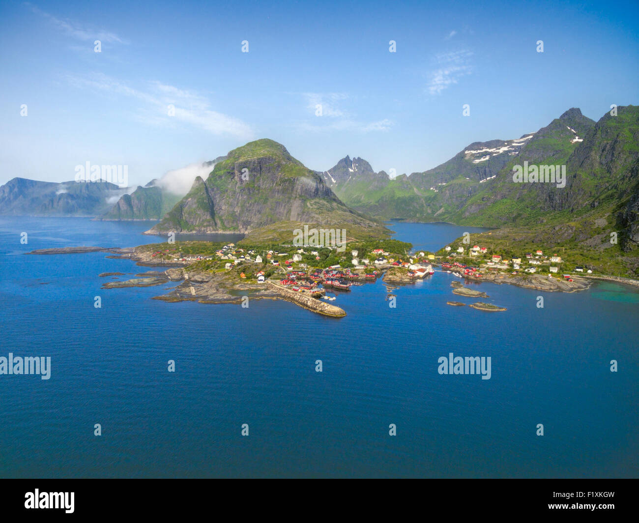 Breathtaking aerial view of scenic fishing village A on Lofoten islands ...