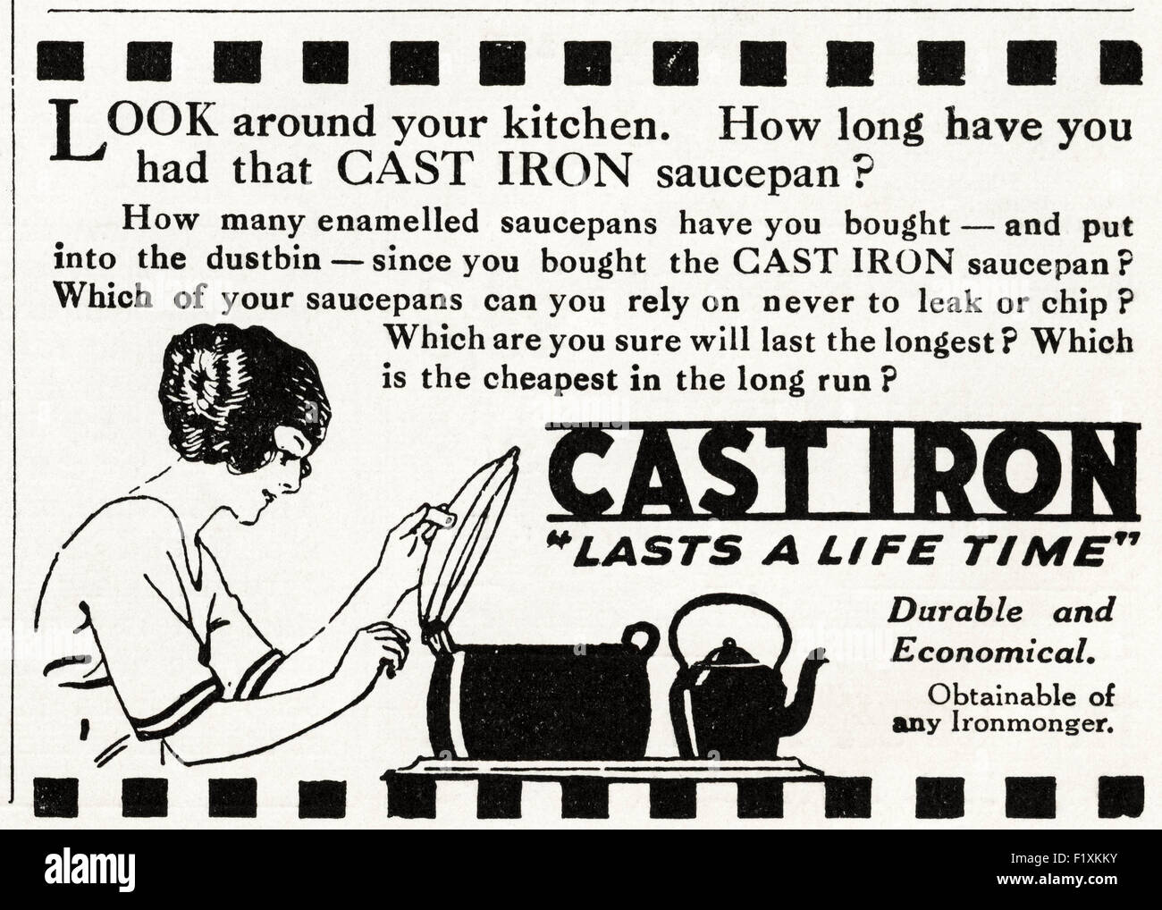 1920s advertisement. Advert dated 1923 advertising cast iron saucepans ...