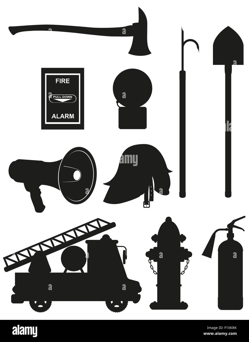 set icons of firefighting equipment black silhouette vector ...