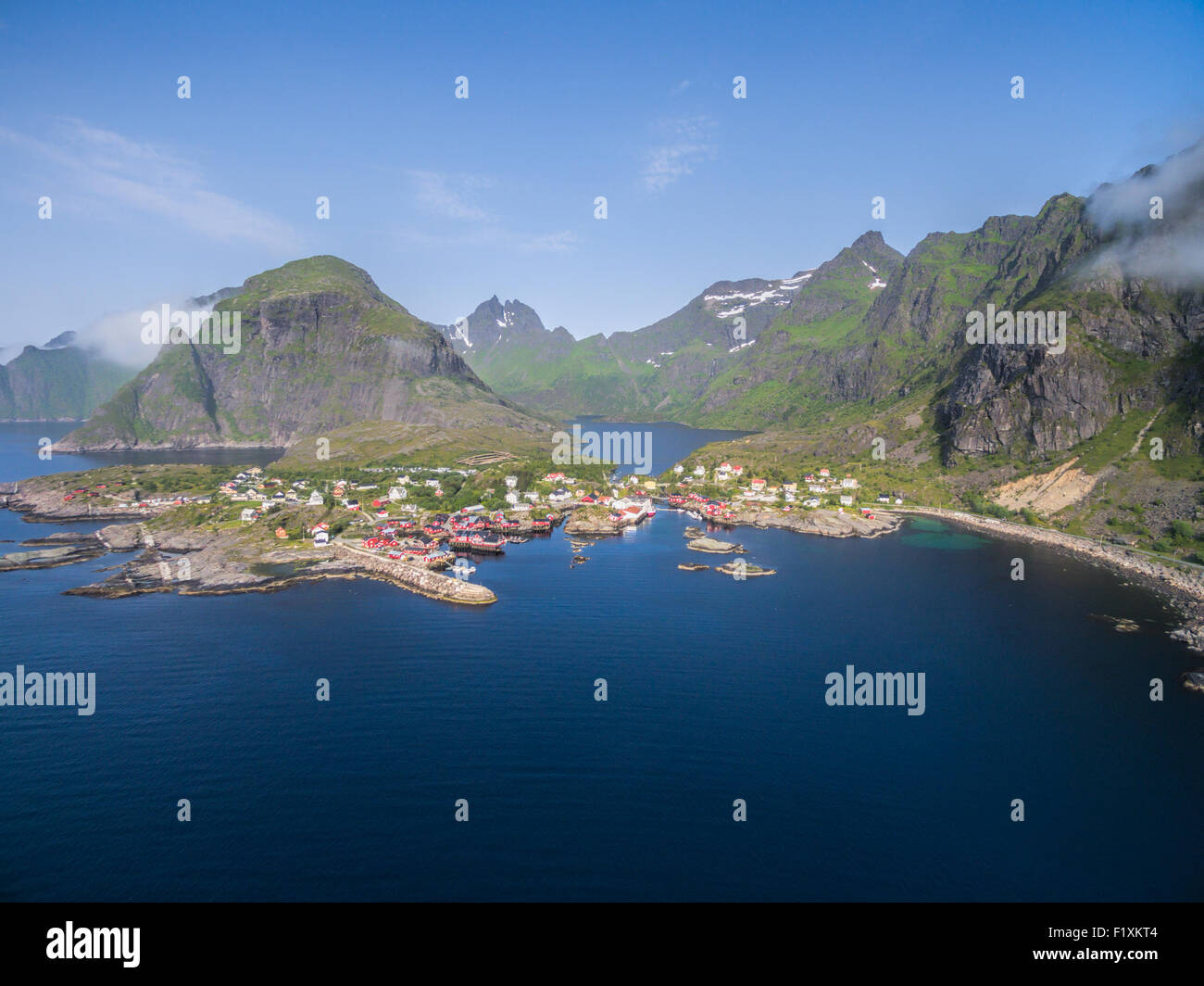 Aerial view of scenic fishing village A on Lofoten islands in Norway ...