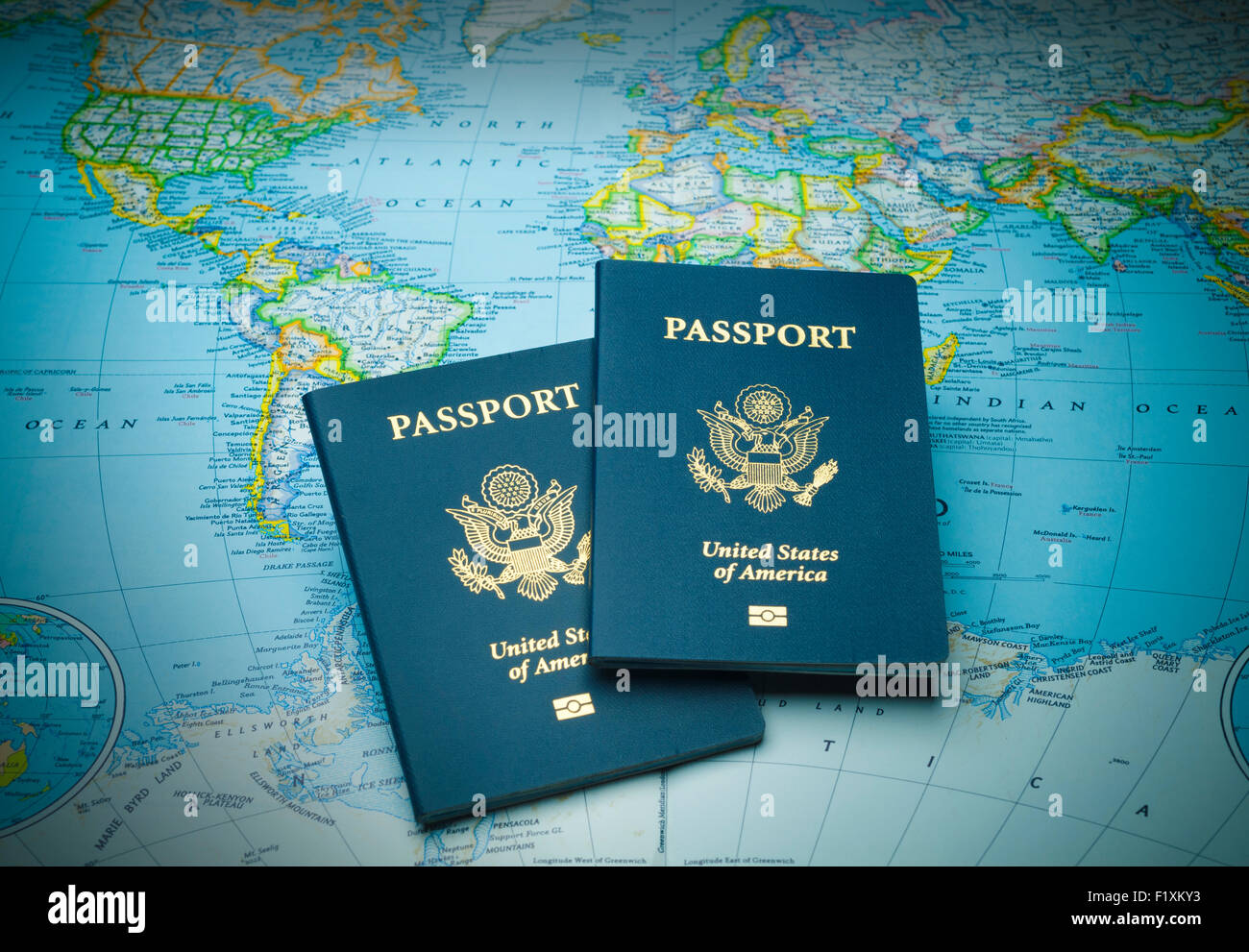 Travel passports on a world map ready for any exotic destination Stock ...