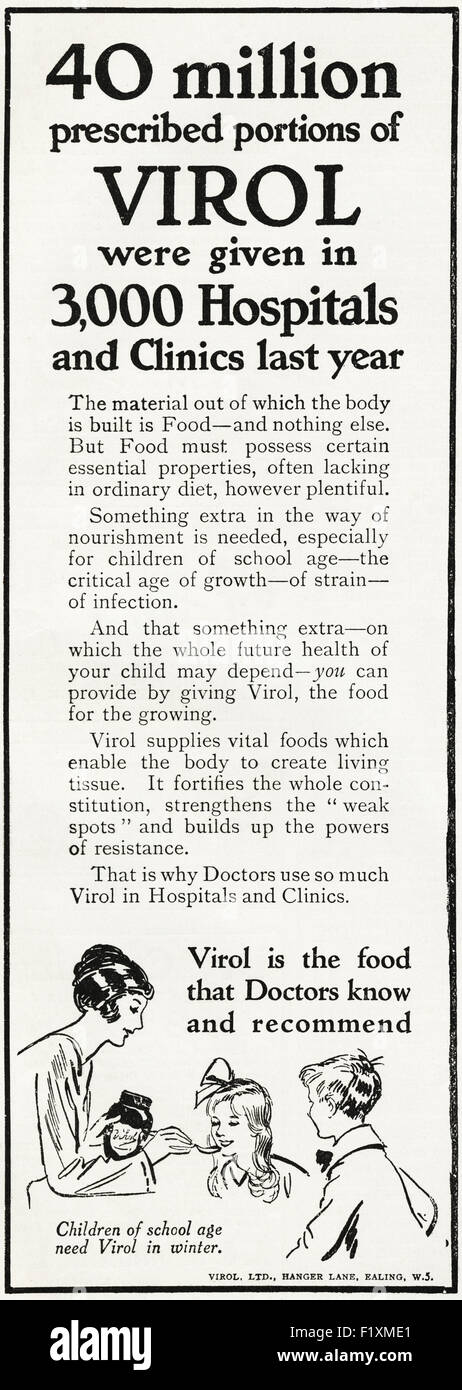 1920s advertisement. Advert dated 1923 advertising Virol health food ...
