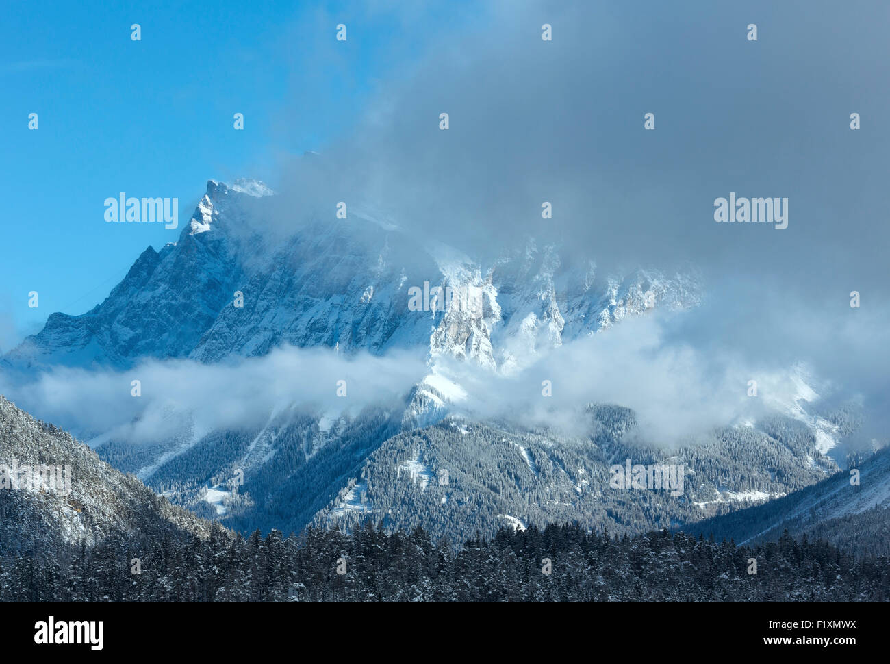 Winter Zugspitze mount (mountain top is close) view from Fern Pass ...