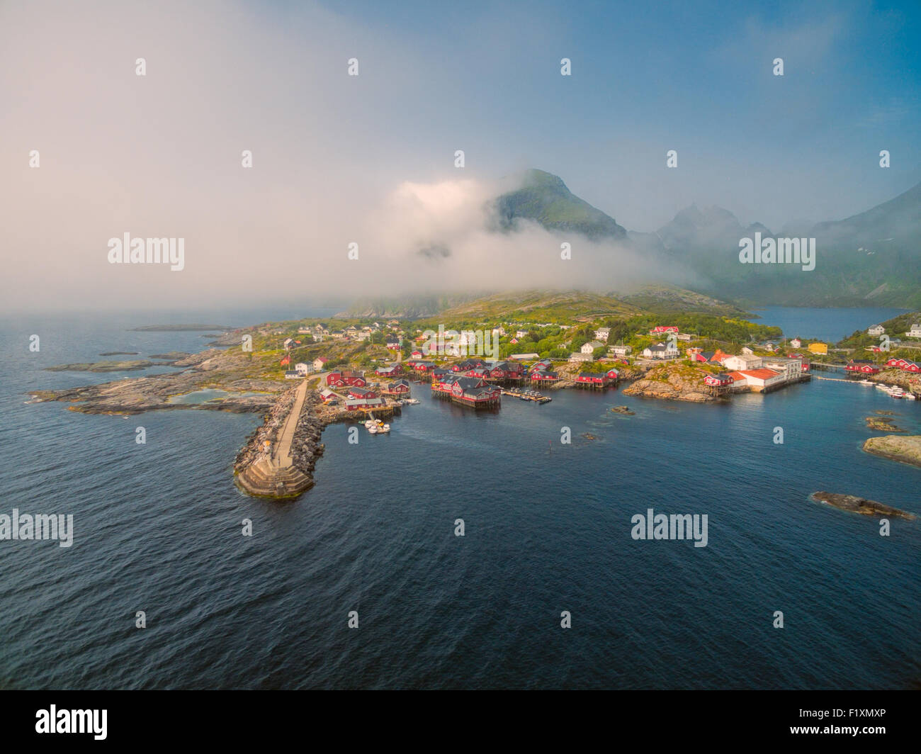 Scenic aerial view of fishing village A on Lofoten islands in Norway ...