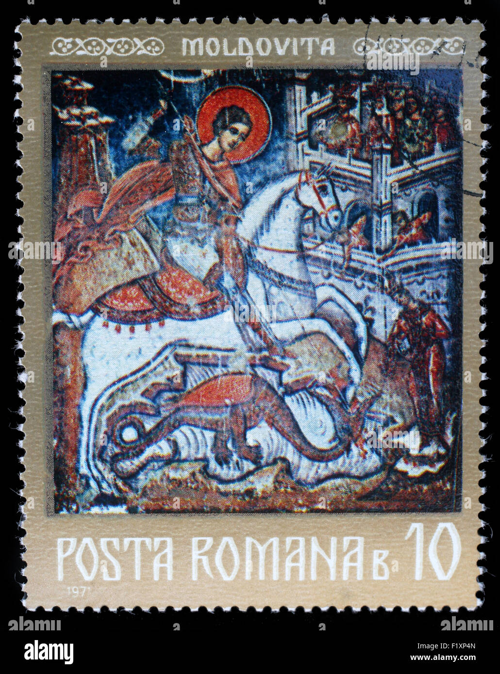 Stamp printed in the Romania, shows a fresco of St. George, Moldovita ...