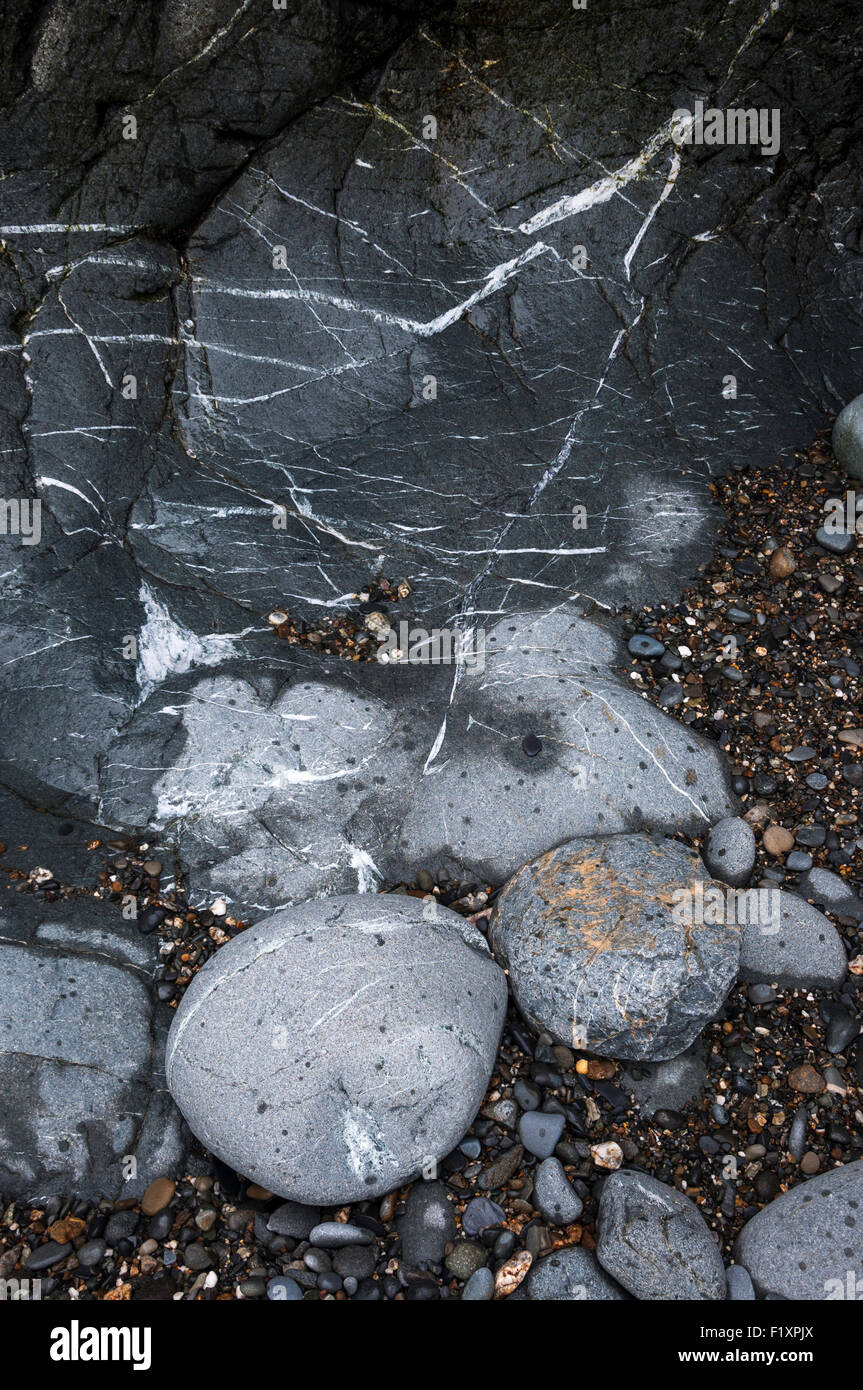 Smooth worn rocks and rounded pebbles on the beach at Trefin in ...