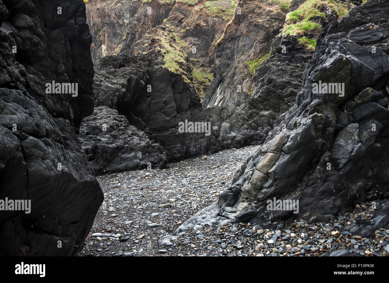 Pebbly beach and high cliffs at Trefin in Pembrokeshire, Wales Stock ...