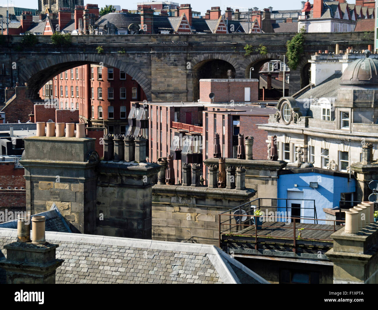 Rooftops and chimney pots in the quayside area of Newcastle upon Tyne ...