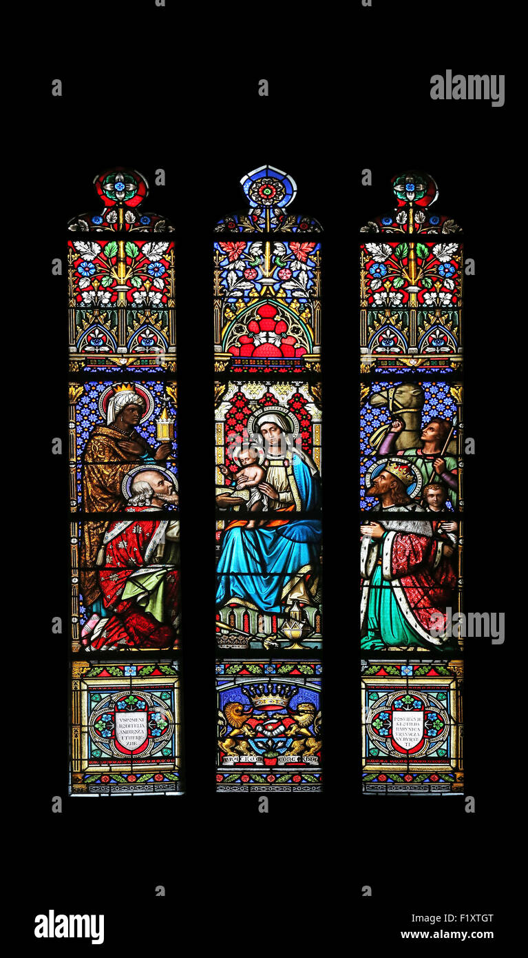 Nativity Scene, Adoration of the Magi, stained glass window in parish ...